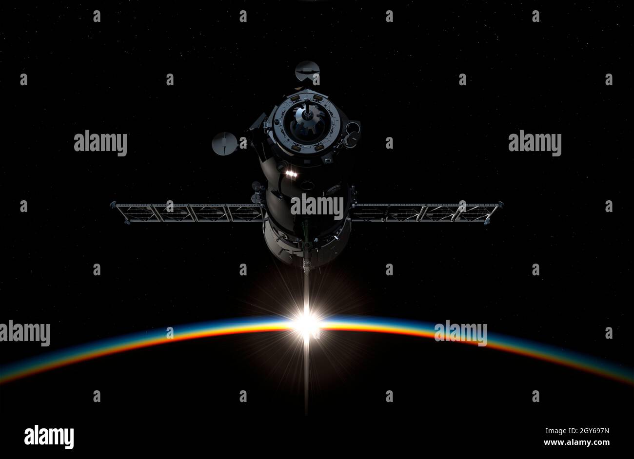 Spacecraft at the Earth orbit. 3d rendering background. 3D illustration ...