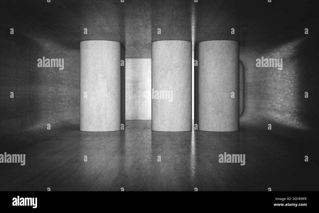 concrete cylinders inside an empty futuristic room. 3d render Stock ...