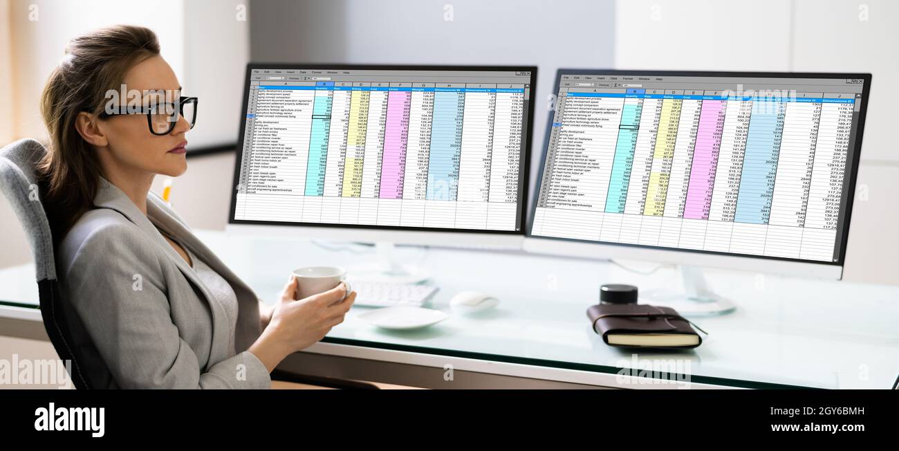 Spreadsheet Analyst Employee Using Computer Monitors For Analysis Stock ...