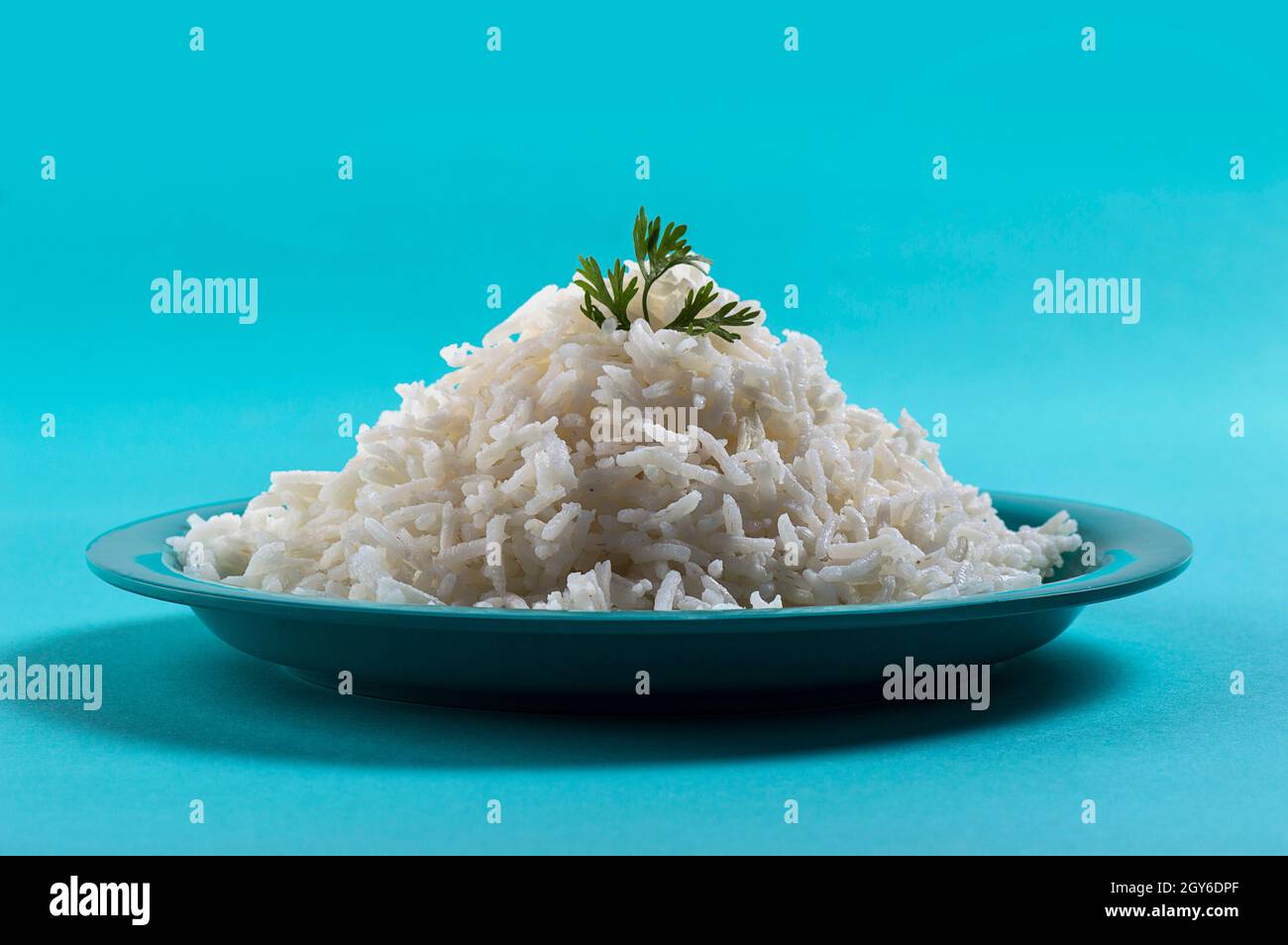 Cooked plain white basmati rice with corriander in a blue plate on blue ...