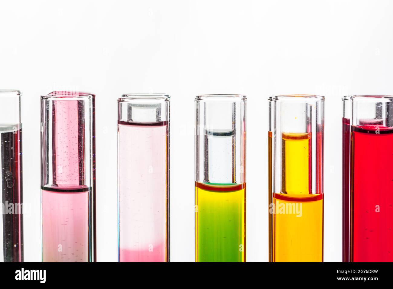 Different laboratory glassware with colored liquids close up Stock ...