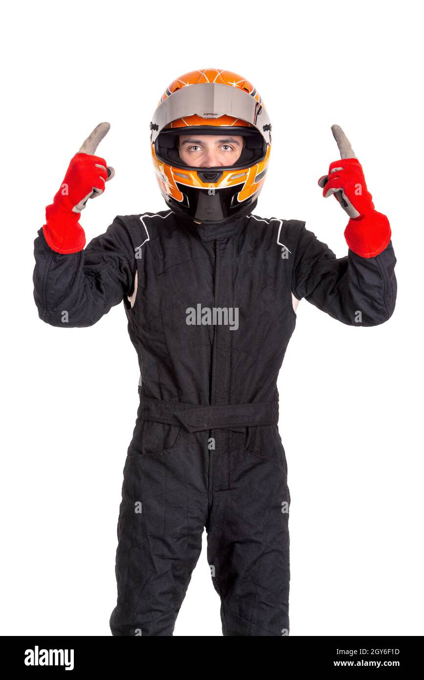 Victorious racing driver posing with helmet isolated in white Stock ...