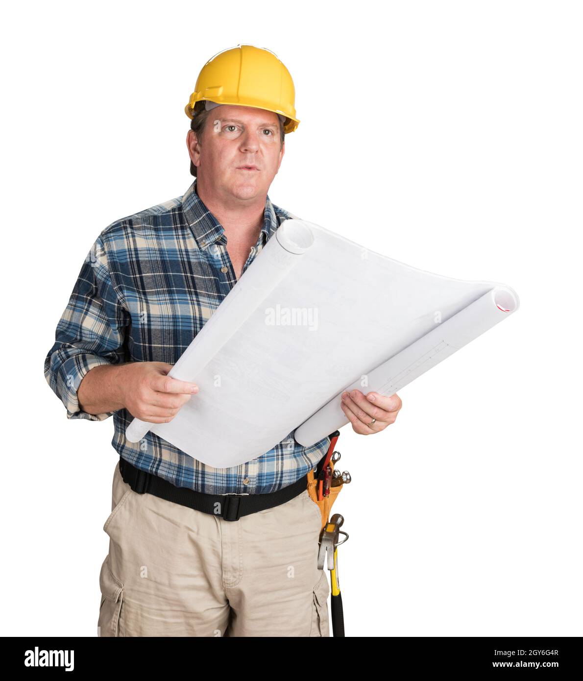 Male Contractor With House Plans Wearing Hard Hat Isolated on White ...