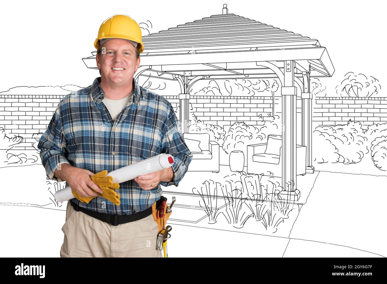 Male Contractor With House Plans Wearing Hard Hat In Front of Custom ...