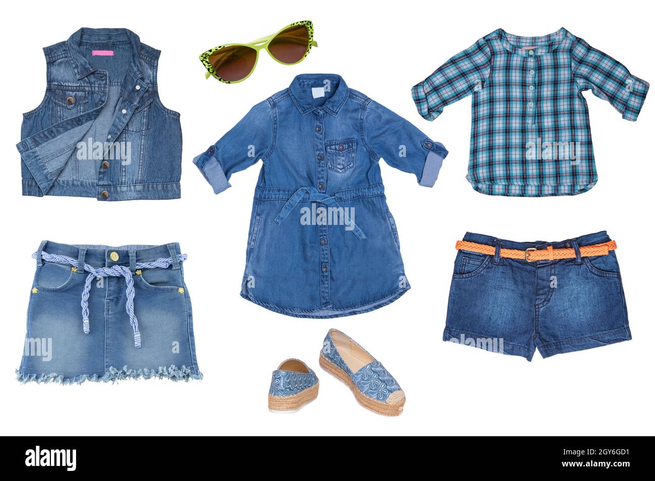Collage set of blue jeans clothes for a little girl isolated on a white ...