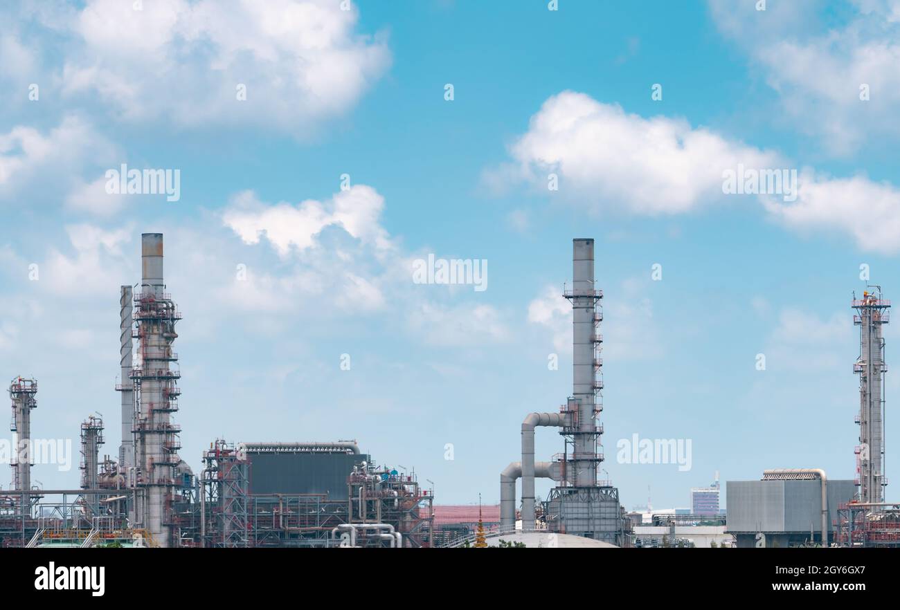Oil refinery or petroleum refinery plant with blue sky background ...