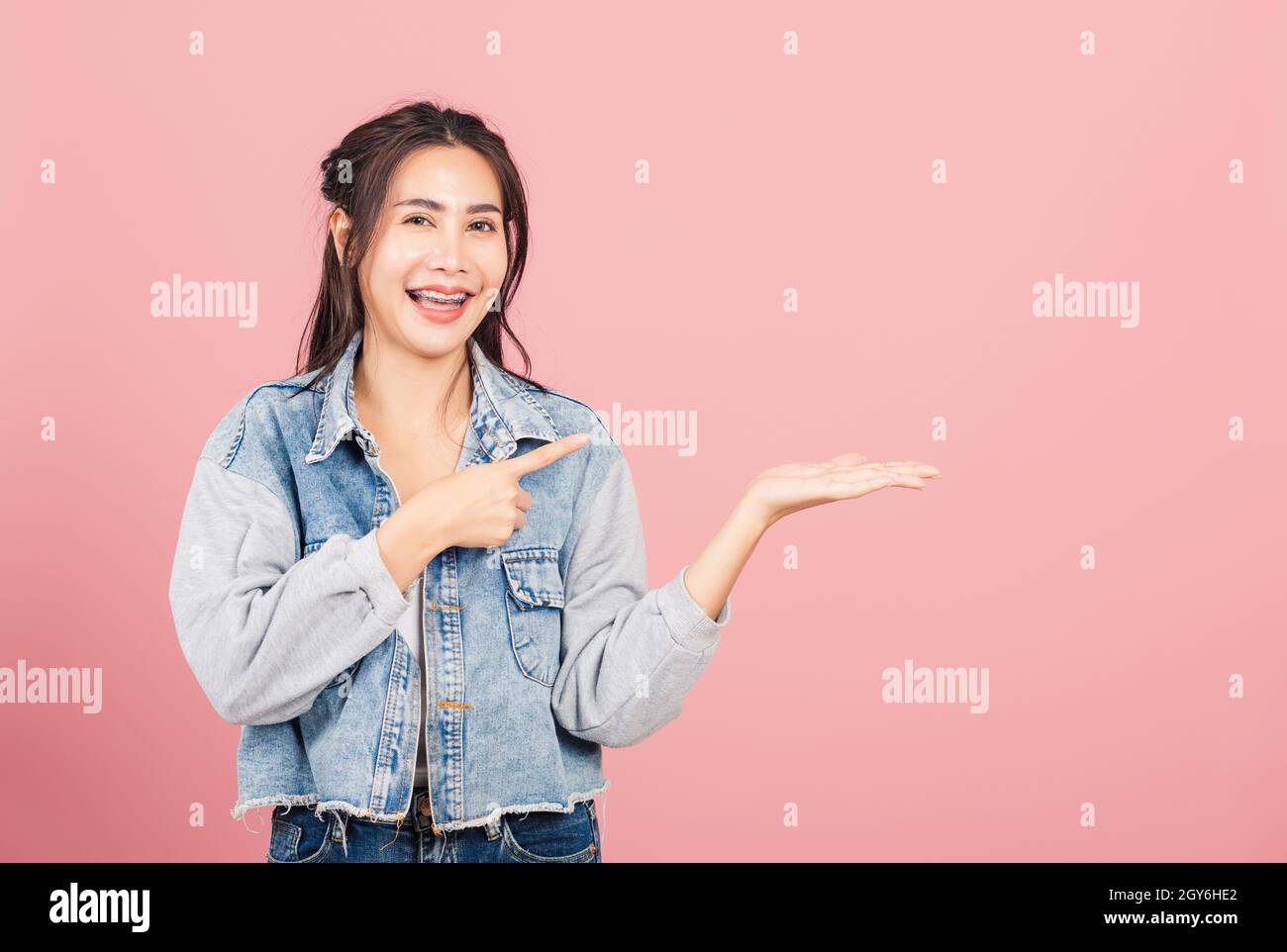 Portrait Asian beautiful young woman smiling wear denim standing ...