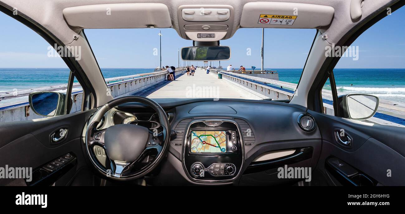 Looking through a car windshield with view over Venice Beach Pier, Los ...