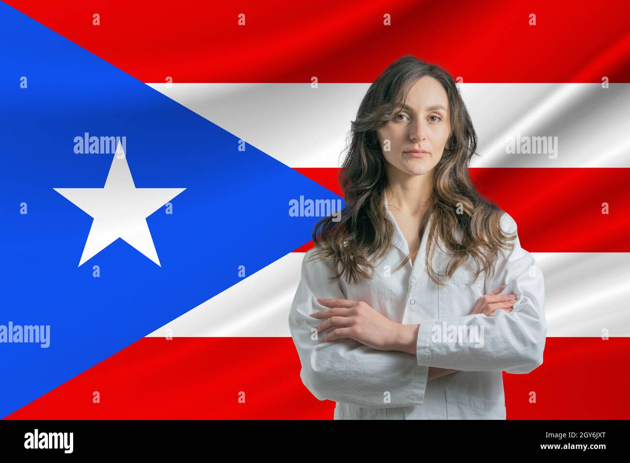 Medicine in Puerto Rico. Happy beautiful female doctor in medical coat ...