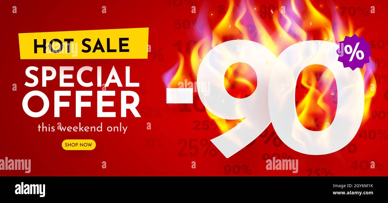 90 percent Off. Hot sale banner with burning numbers. Discount poster ...