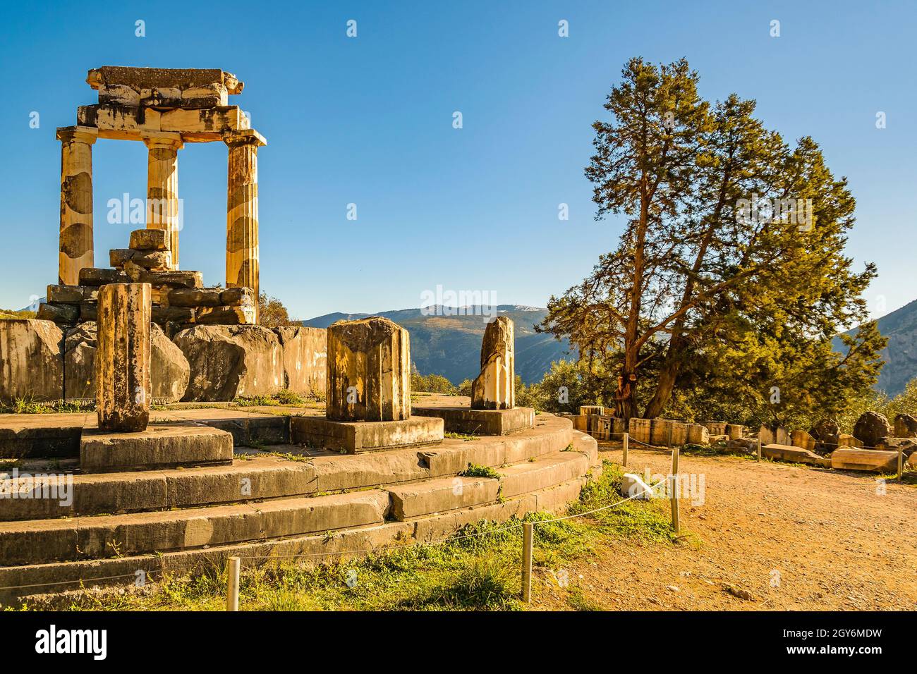 Sunny day scene famous delfos oracle building, greece Stock Photo - Alamy