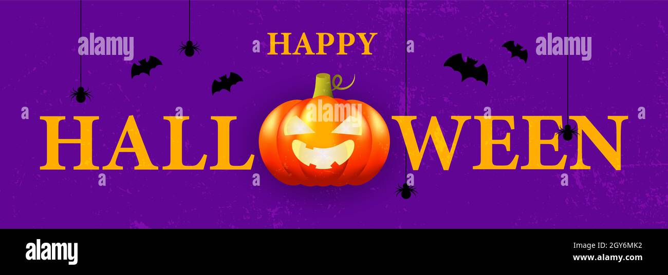 Happy Halloween letters banner party with a big pumpkin, bat and a ...