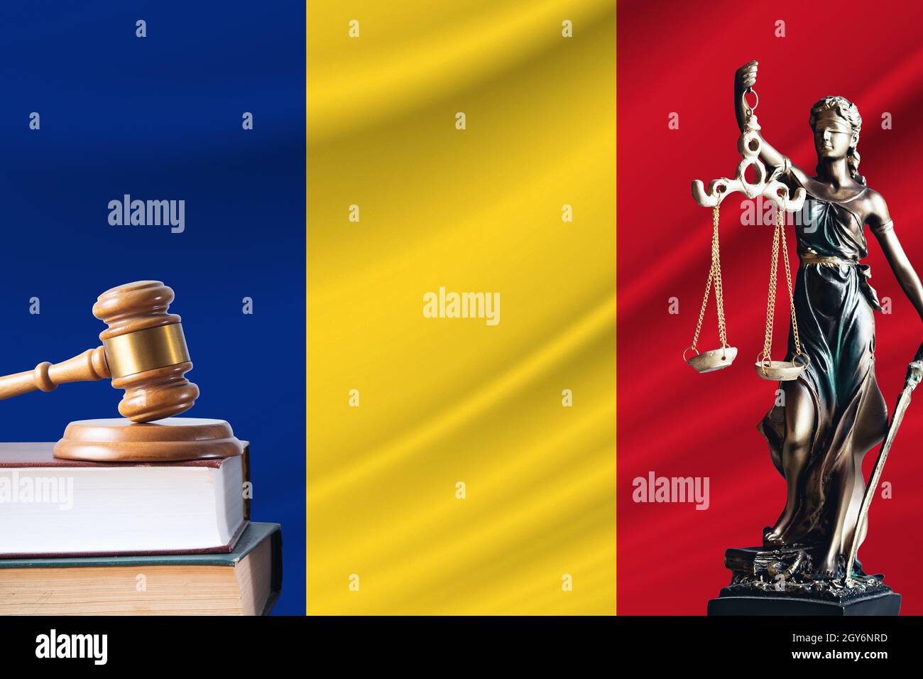 Law and justice in Romania. Statue of themis and the gavel of the judge ...