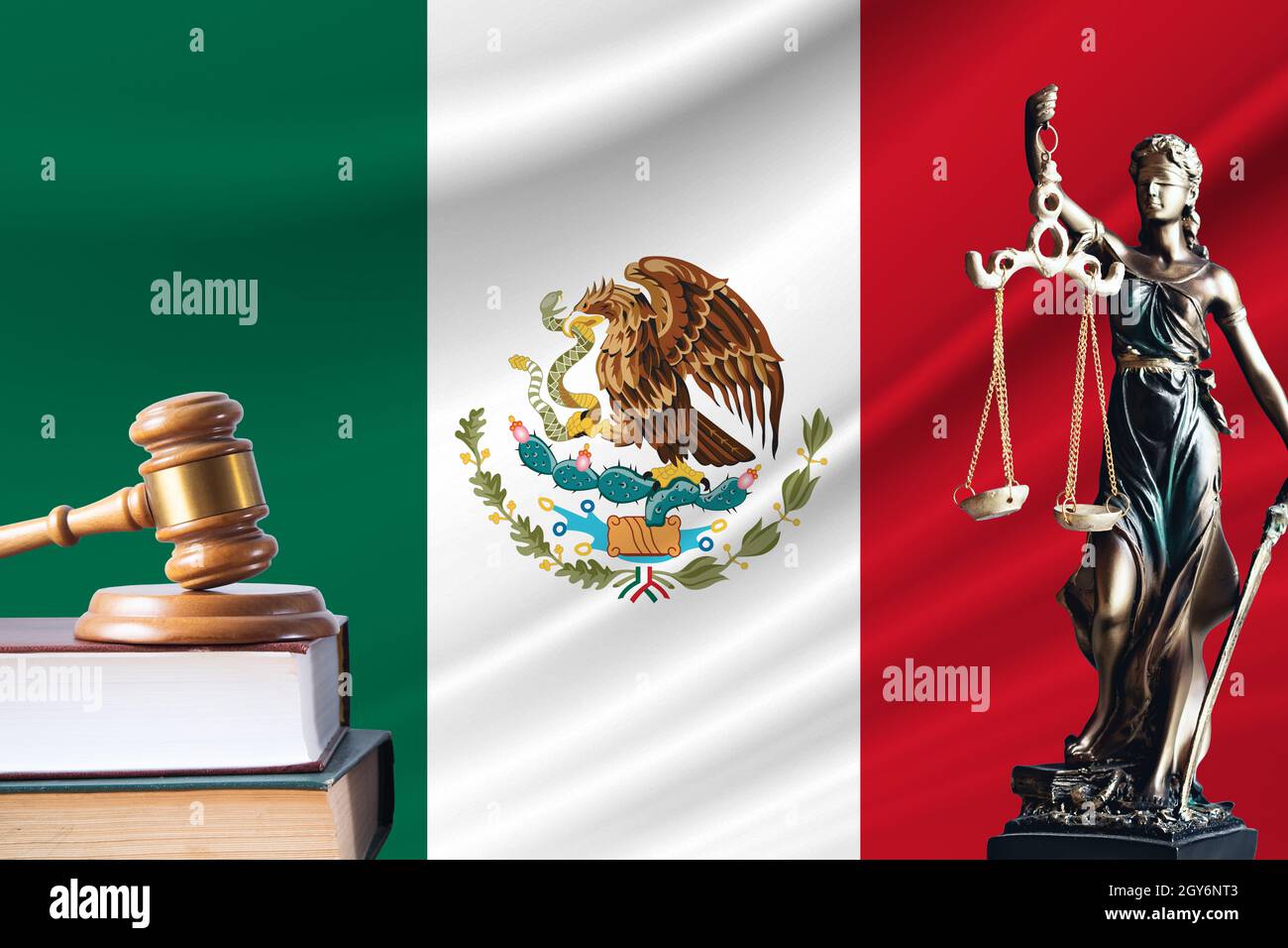 Law and justice in Mexico. Statue of themis and the gavel of the judge ...