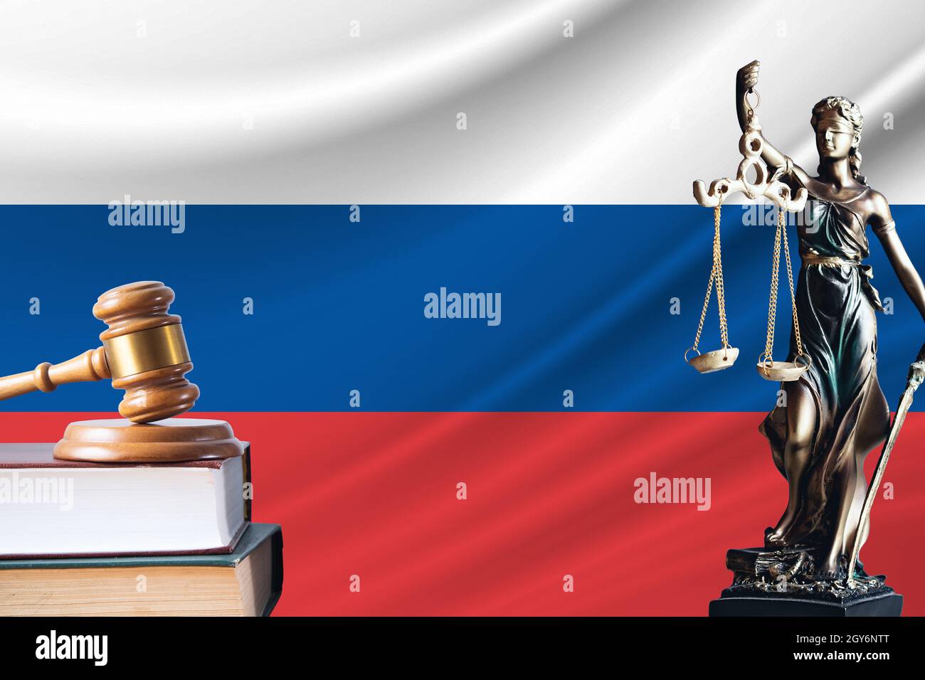 Law and justice in Russia. Statue of themis and the gavel of the judge ...