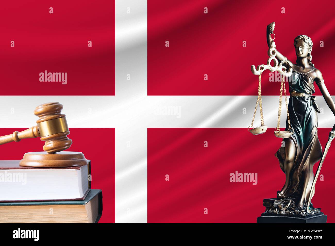 Law and justice in Denmark. Statue of themis and the gavel of the judge ...