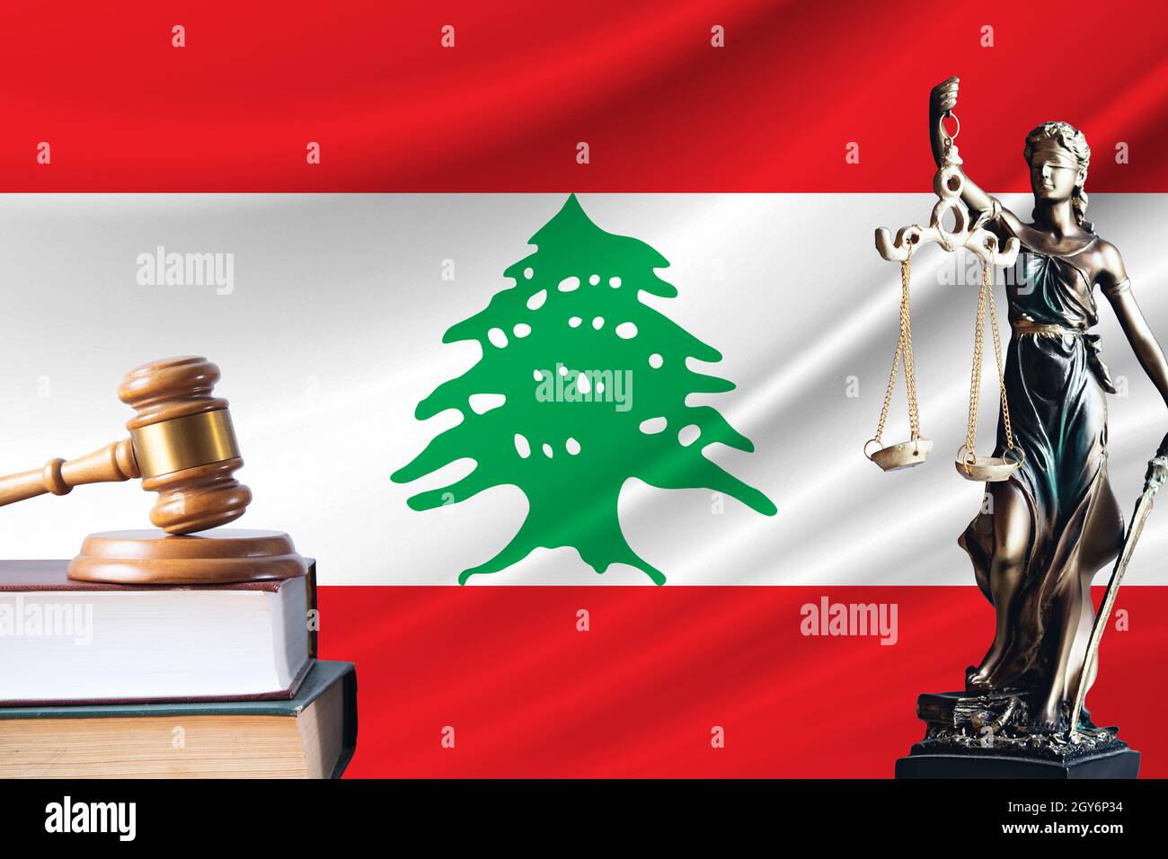 Law and justice in Lebanon. Statue of themis and the gavel of the judge ...