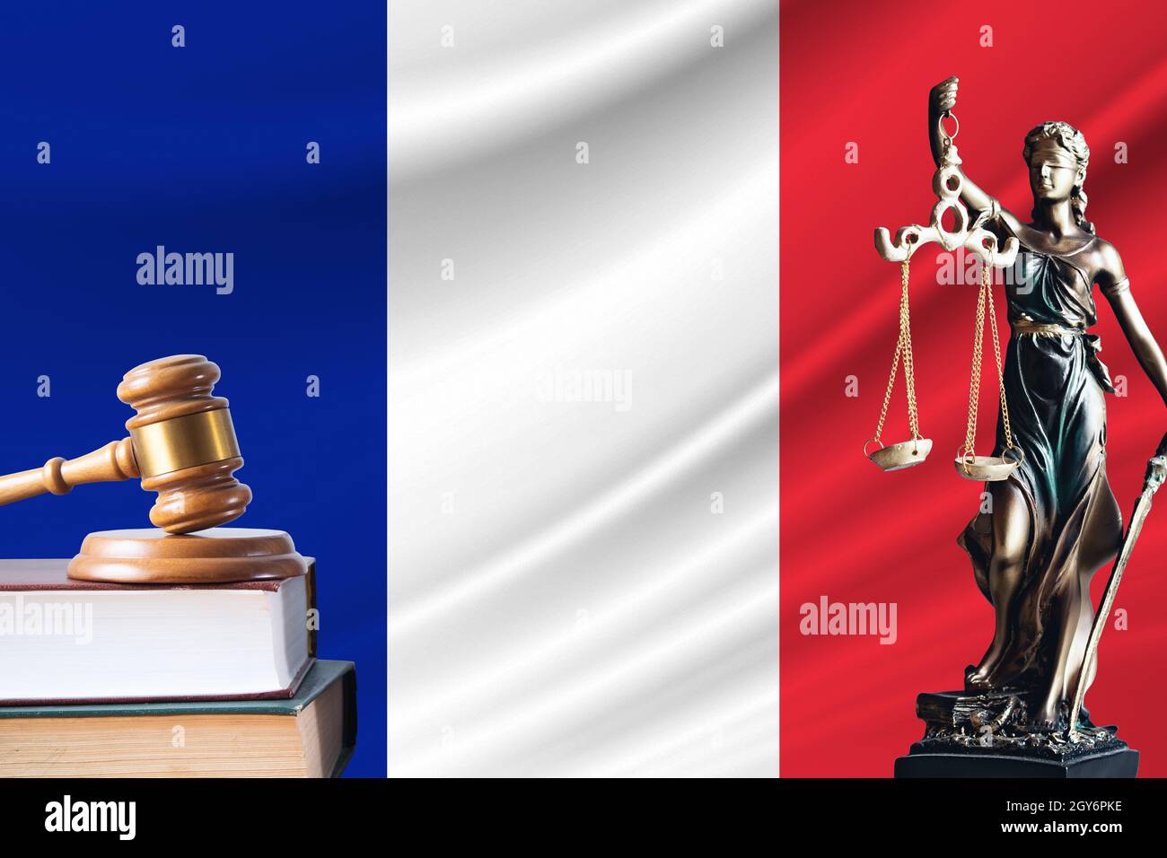 Law and justice in France. Statue of themis and the gavel of the judge ...