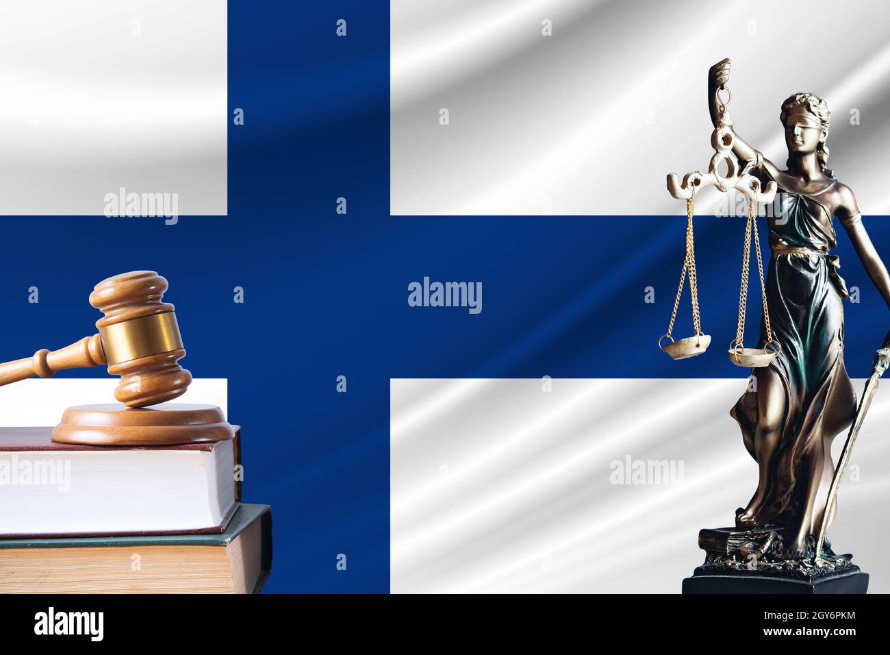 Law and justice in Finland. Statue of themis and the gavel of the judge ...