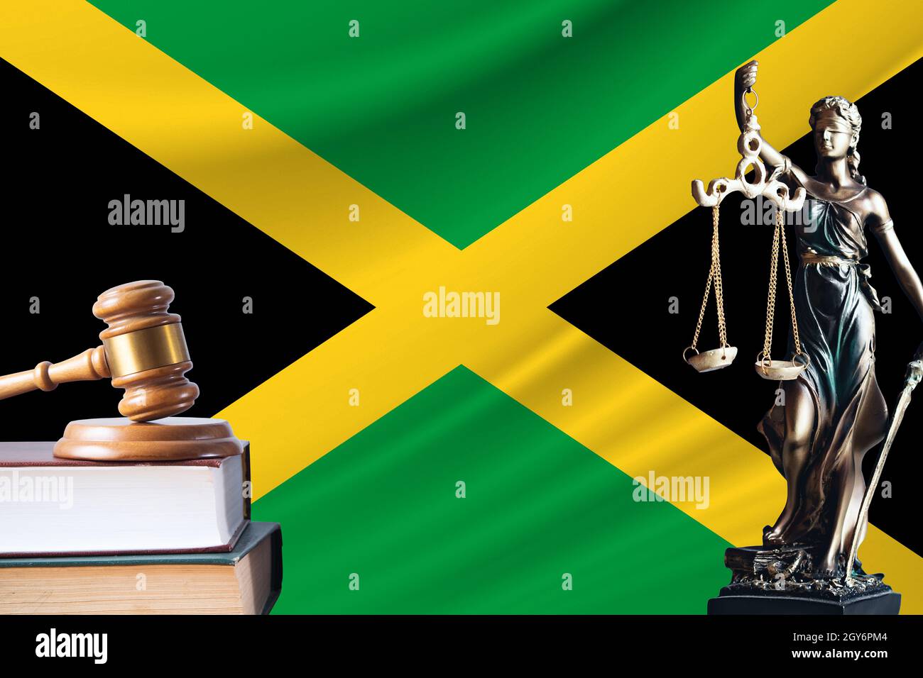 Law and justice in Jamaica. Statue of themis and the gavel of the judge ...