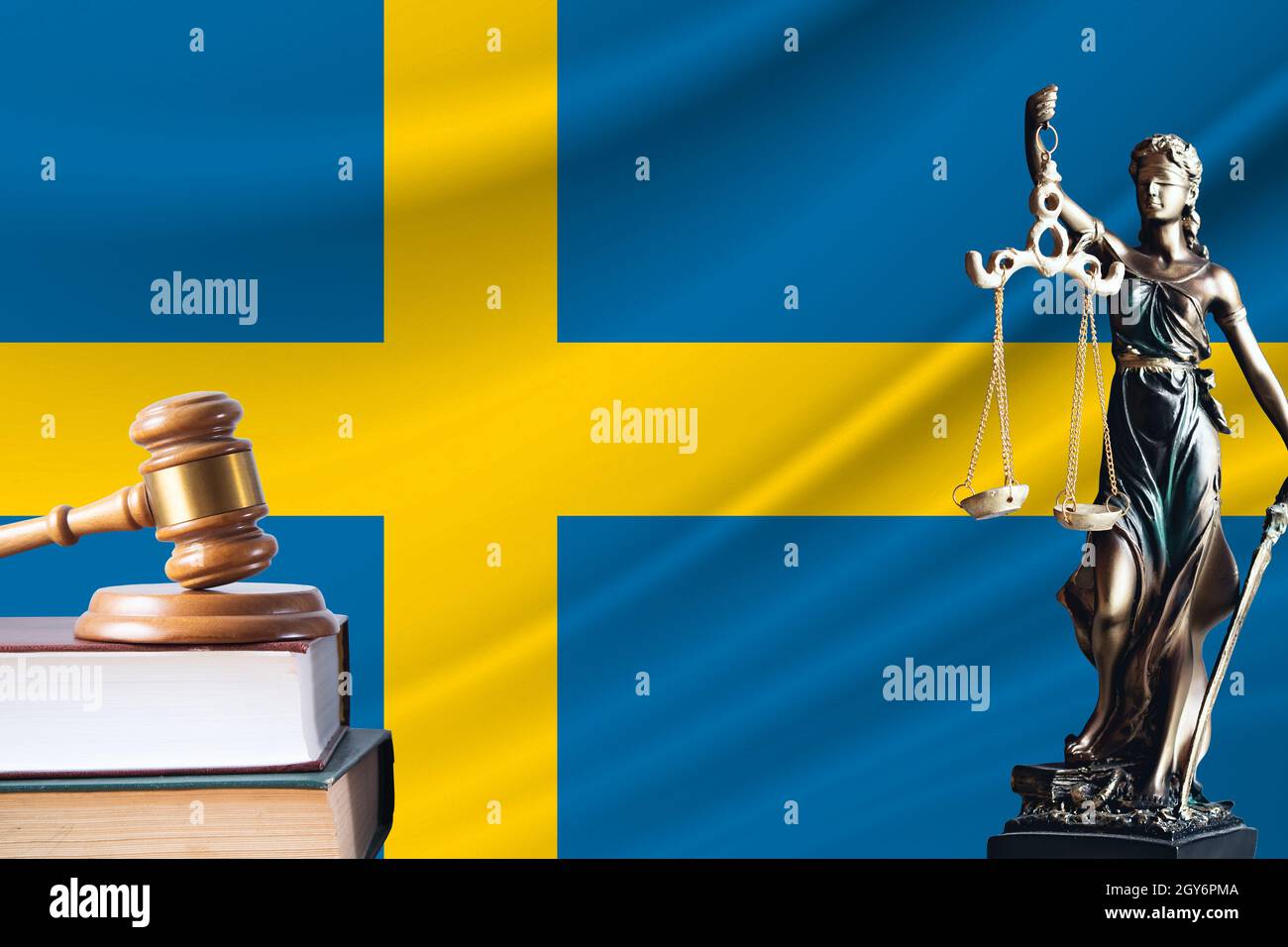 Law and justice in Sweden. Statue of themis and the gavel of the judge ...