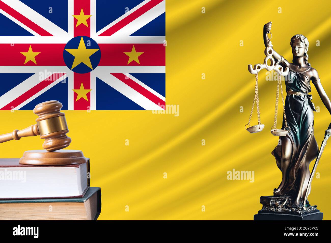 Law and justice in Niue. Statue of themis and the gavel of the judge ...