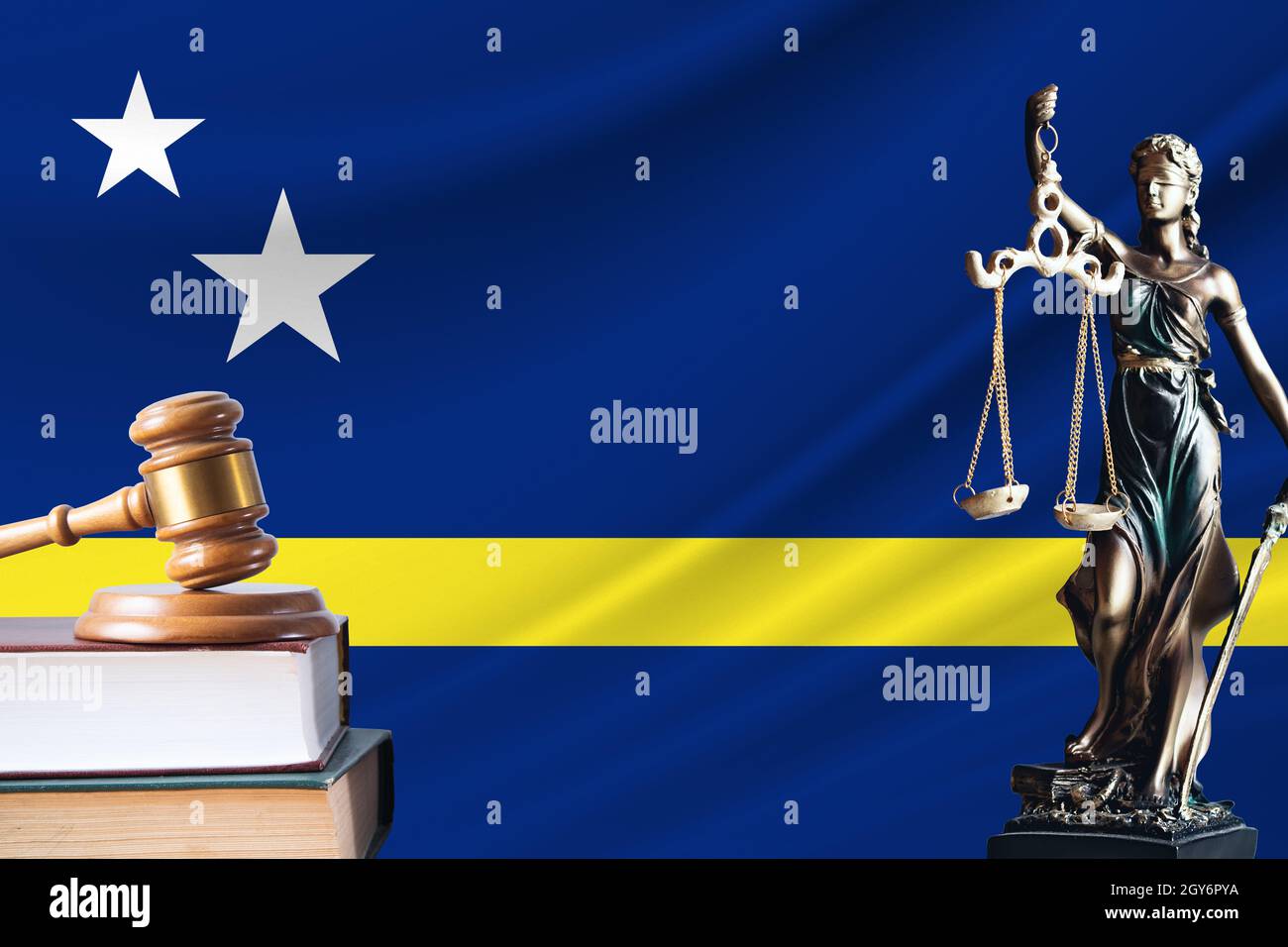 Law and justice in Curacao. Statue of themis and the gavel of the judge ...