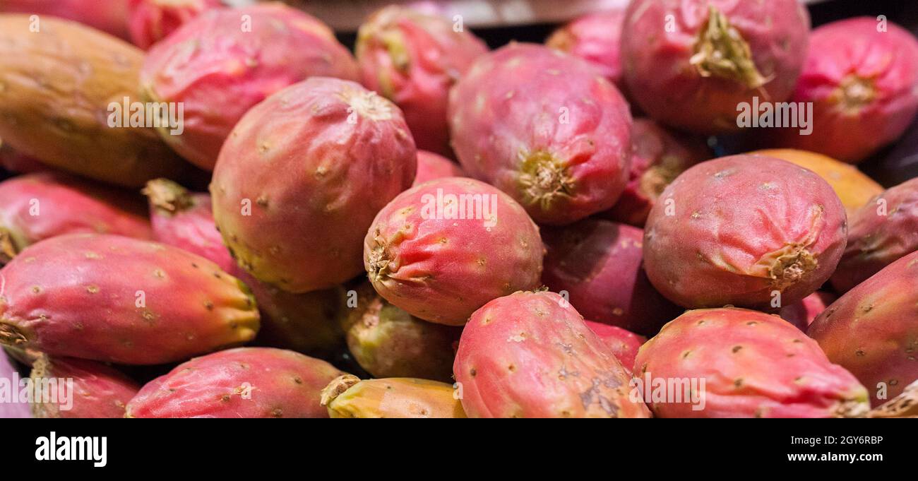 Clean prickly pear or barbary figs. Exhibited on cardboard box and ...