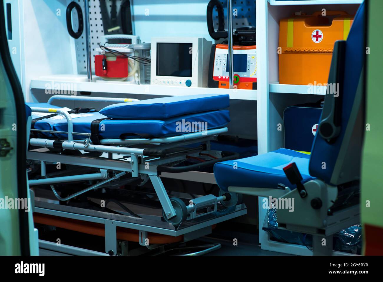Equipment for ambulances. View from inside. Photo taken from the rear ...
