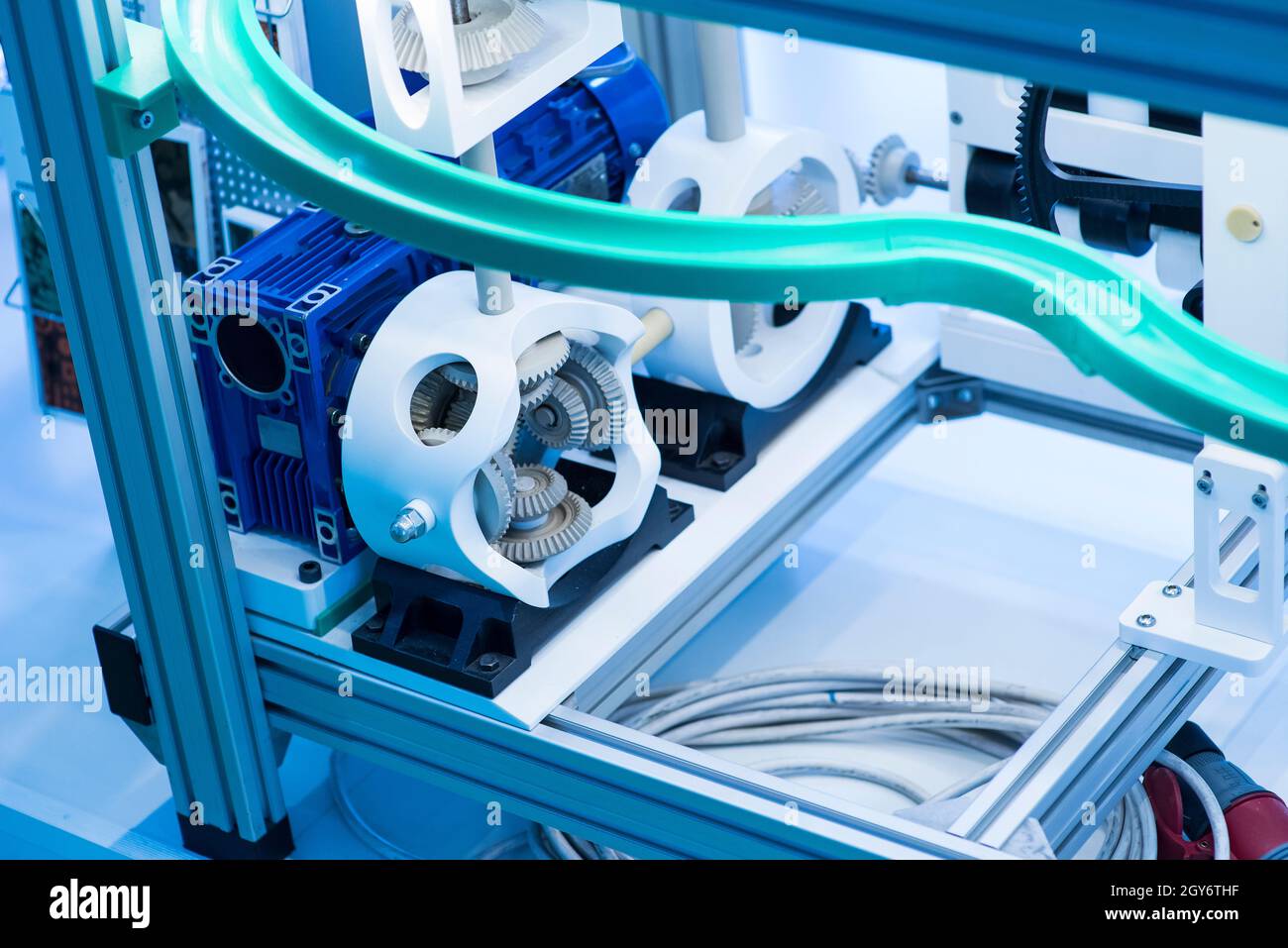 Many plastic cogwheels and gears, smart manufacturing background Stock ...