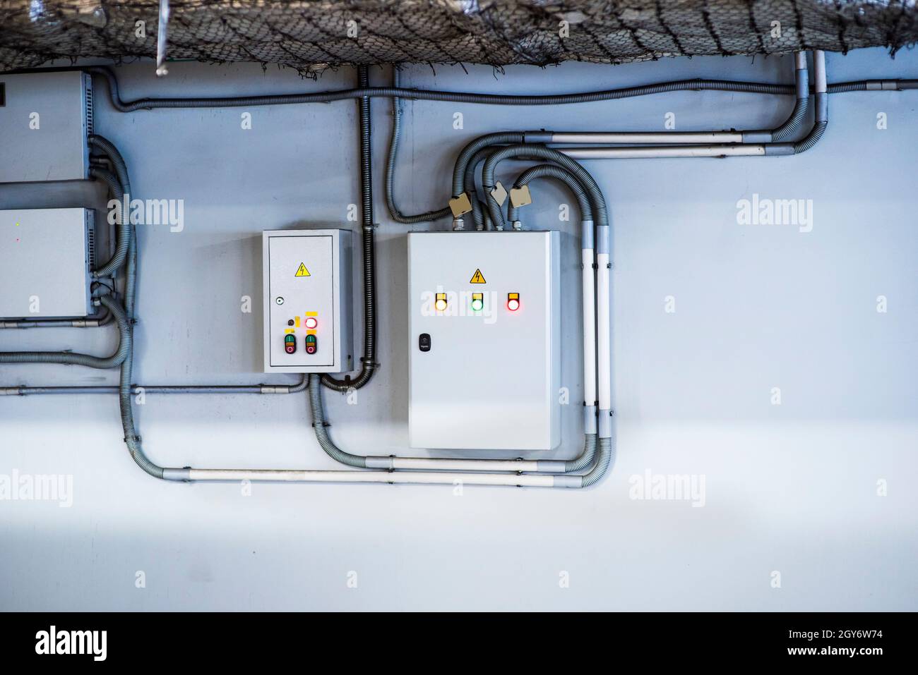 Voltage switchboard with circuit breakers are in the ON and OF ...