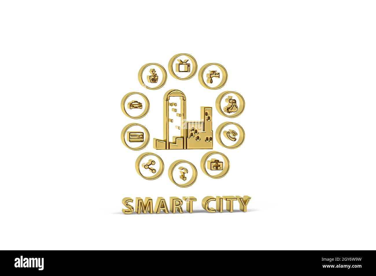 Golden 3d smart city icon isolated on white background - 3d render ...