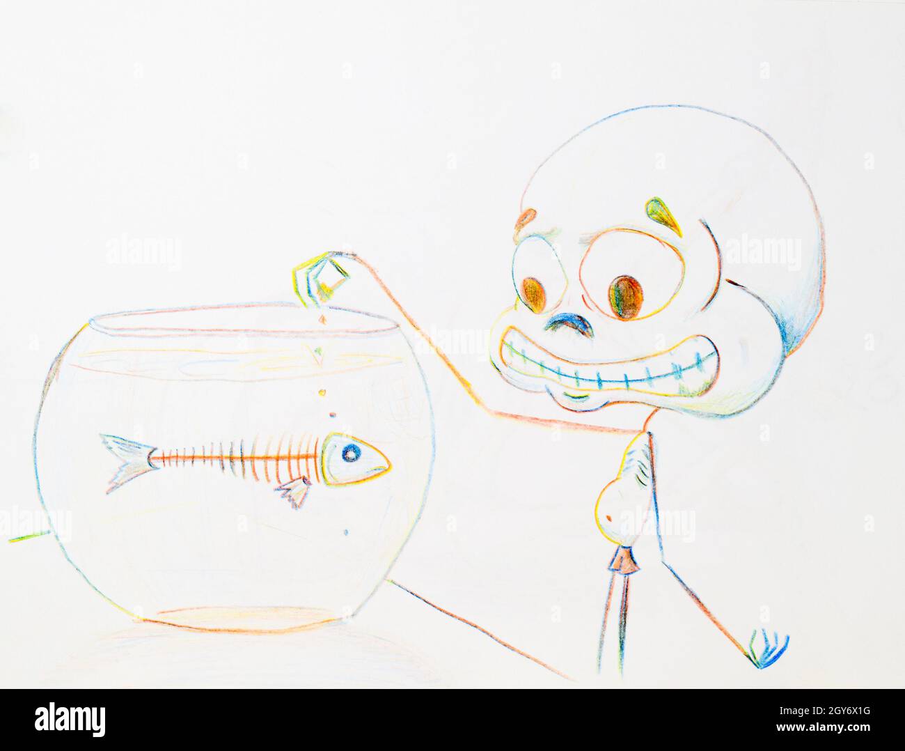 The exhausted puny creature tries to feed the died fish. Illustration ...