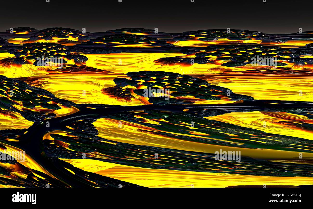 view of amazing landscape of steam lava field on another planet. 3d ...