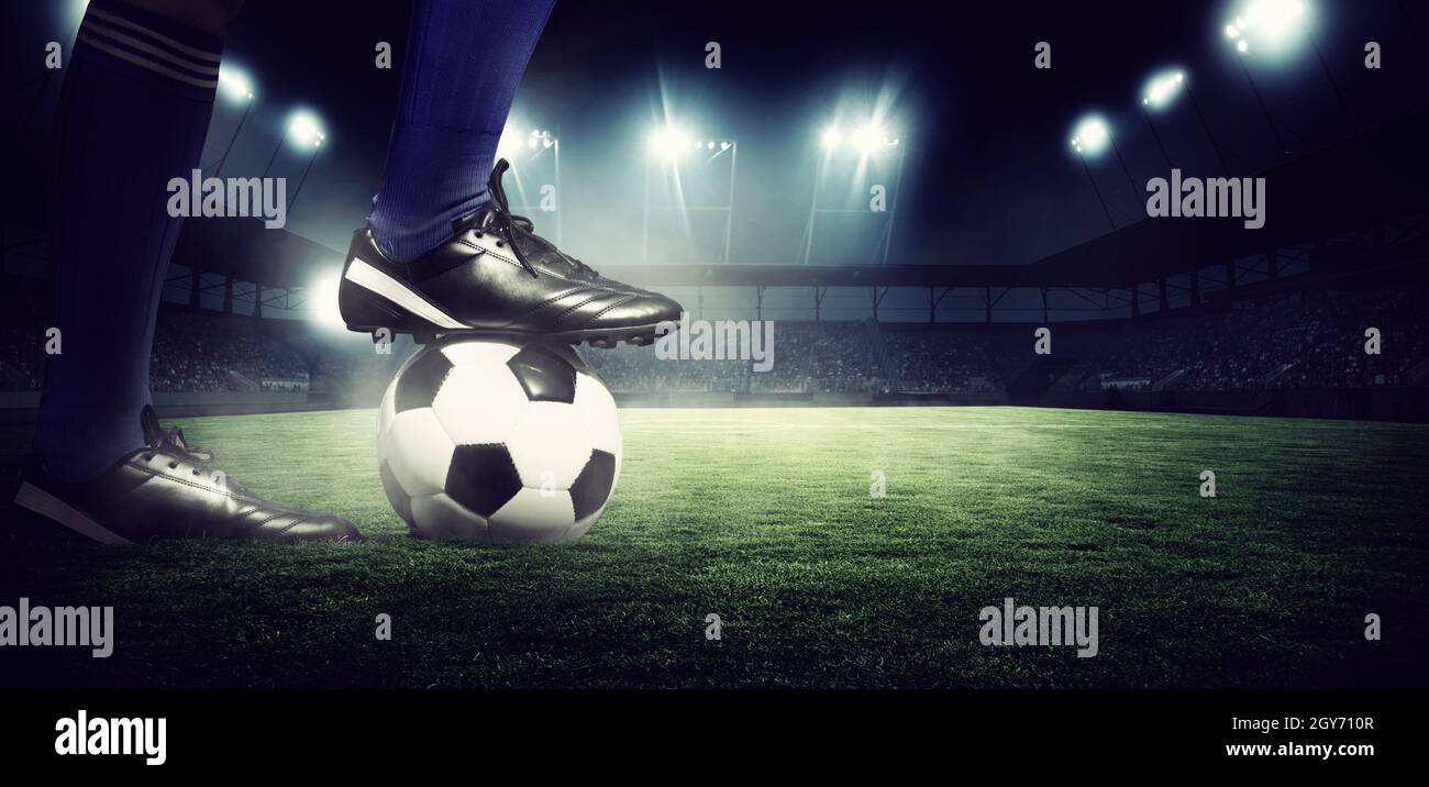 Football stadium, shiny lights, view from field. Soccer concept Stock ...