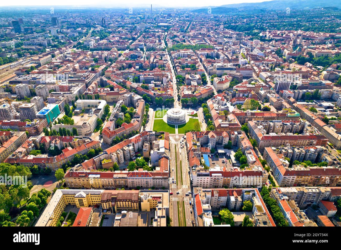 Zagreb aerial. The Mestrovic pavillion and town of Zagreb aerial view ...