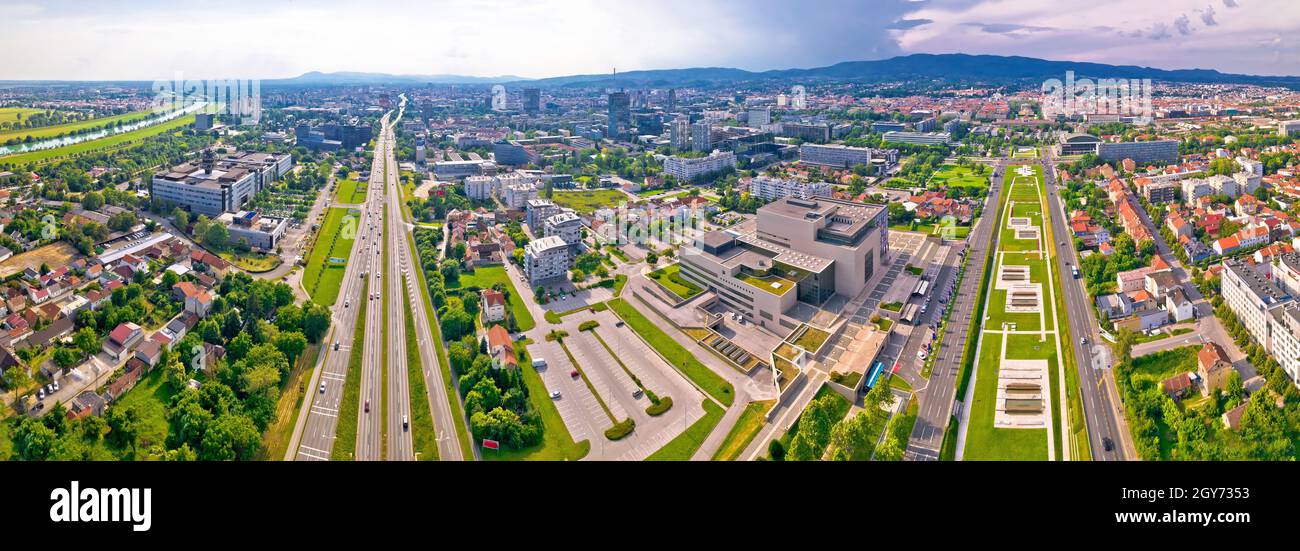 Aerial panoramic view of Zagreb and Sava river near fountains square ...