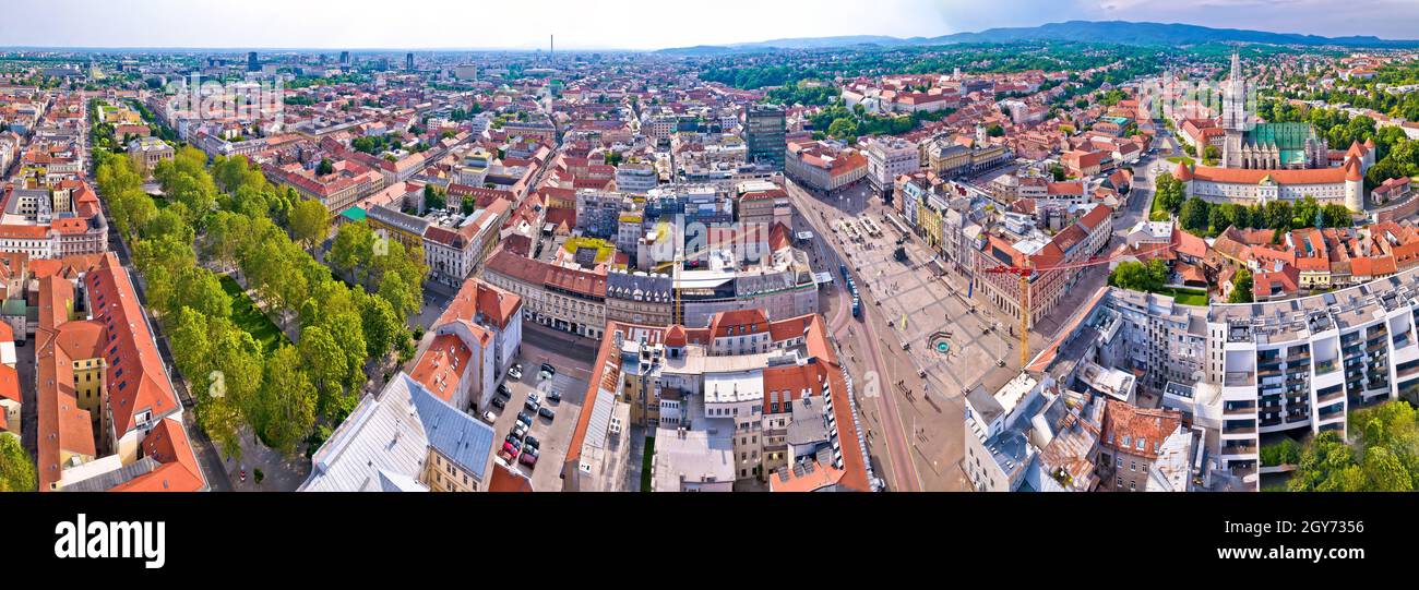 Zagreb historic city center, central square and cathedral aerial view ...