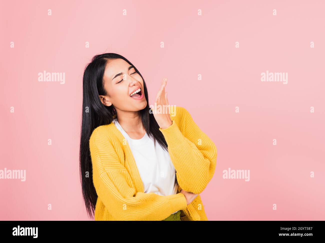 Happy Asian portrait beautiful cute young woman standing winning and ...