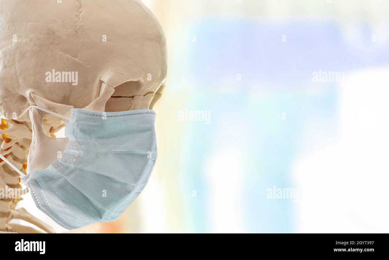 The Human skull in simple thin medical mask for protection against ...