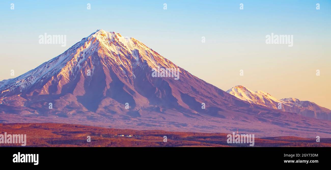 Panoramic view of the city Petropavlovsk-Kamchatsky and volcanoes ...