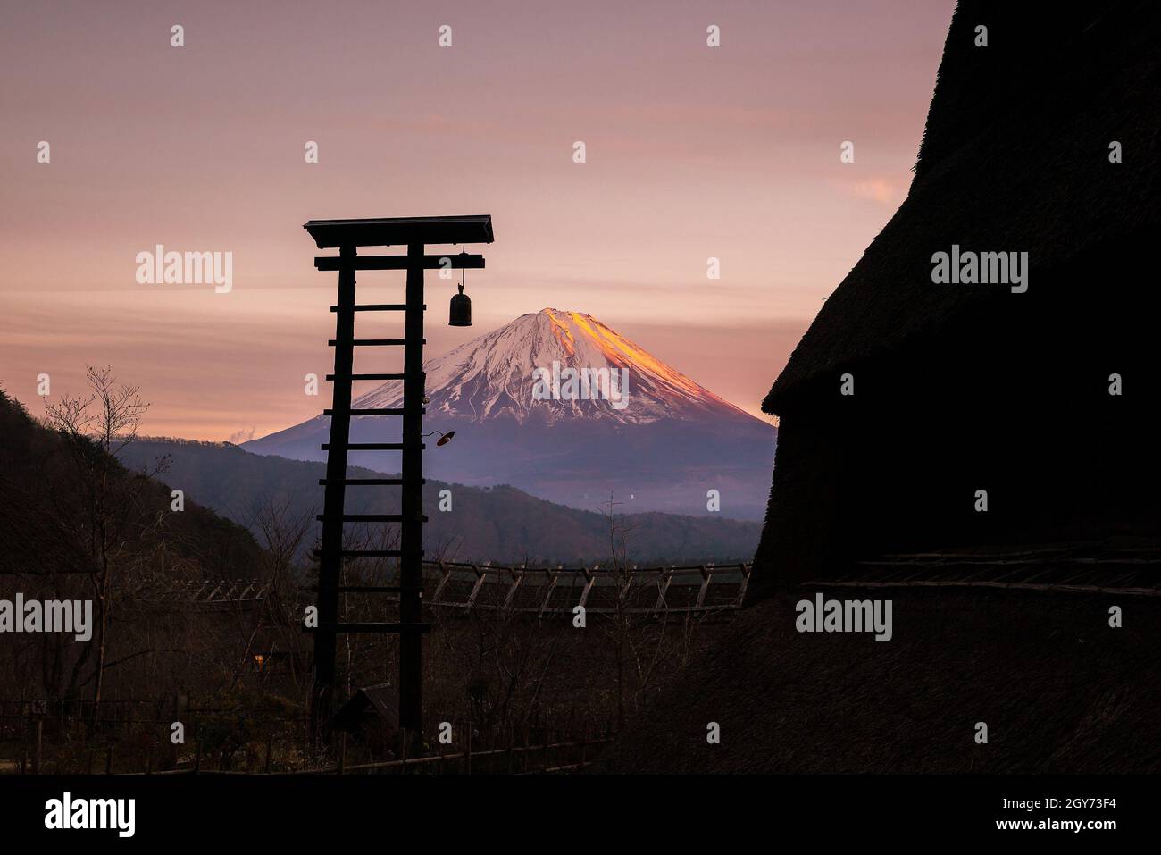 Old Japanese style house and Mt. Fuji at sunset in Japan Stock Photo ...