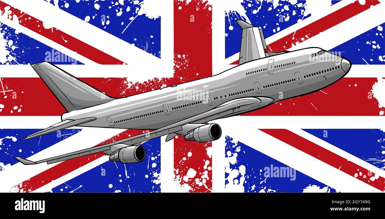 Illustration of a passenger plane flying over the flag of great Britain ...