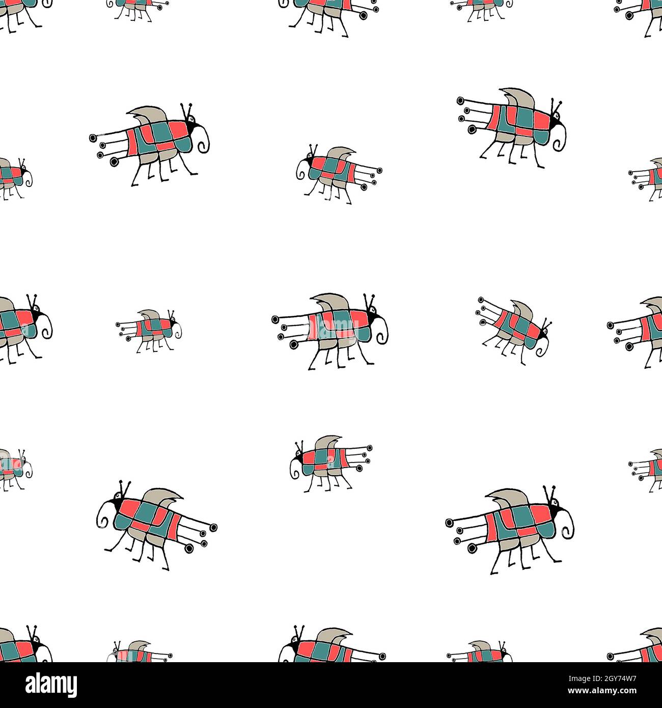 Cute funny sketchy style colored bug motif drawing seamless pattern ...