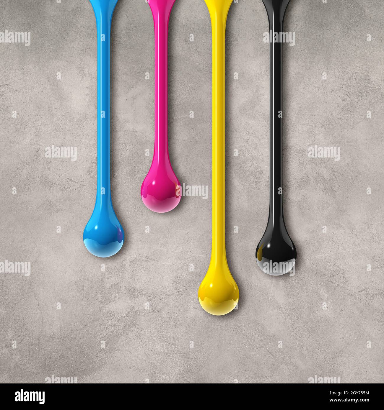 3D cmyk ink drops isolated on grey concrete background. square ...