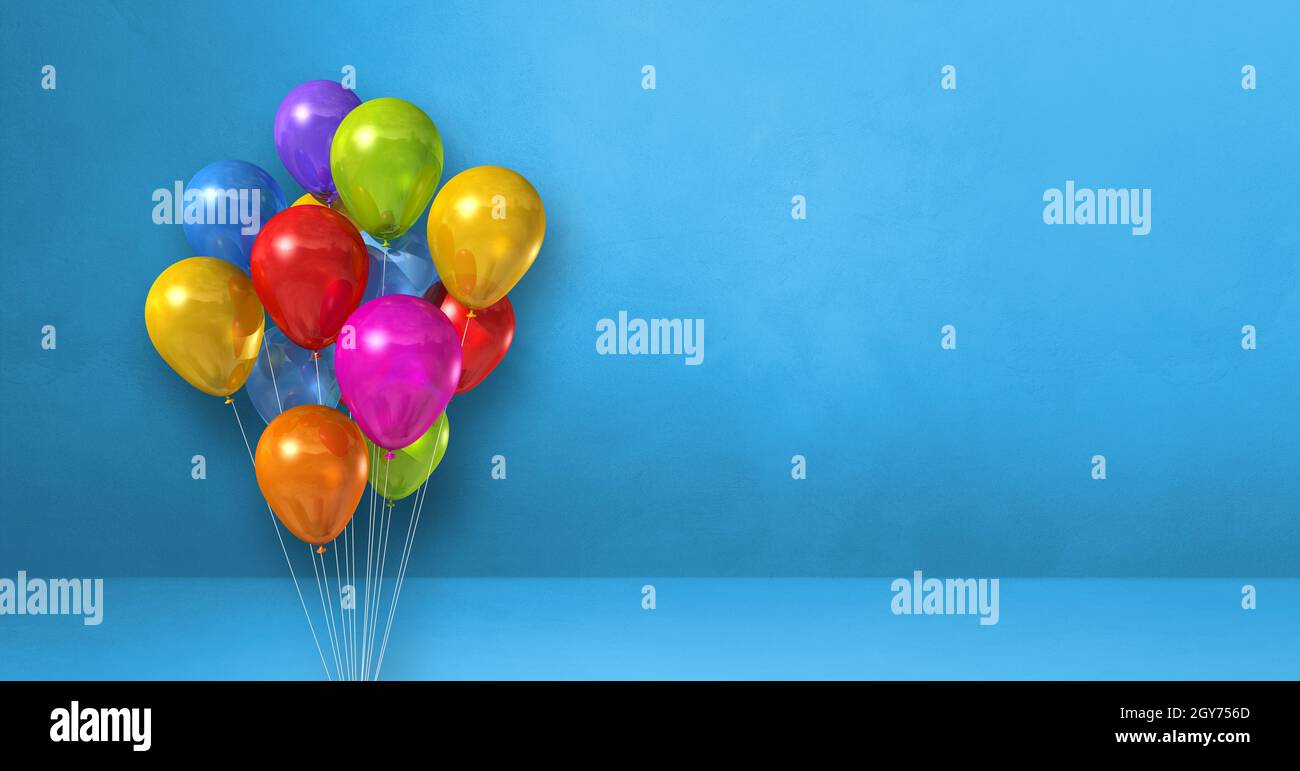 Colorful balloons bunch on a blue wall background. Horizontal banner ...