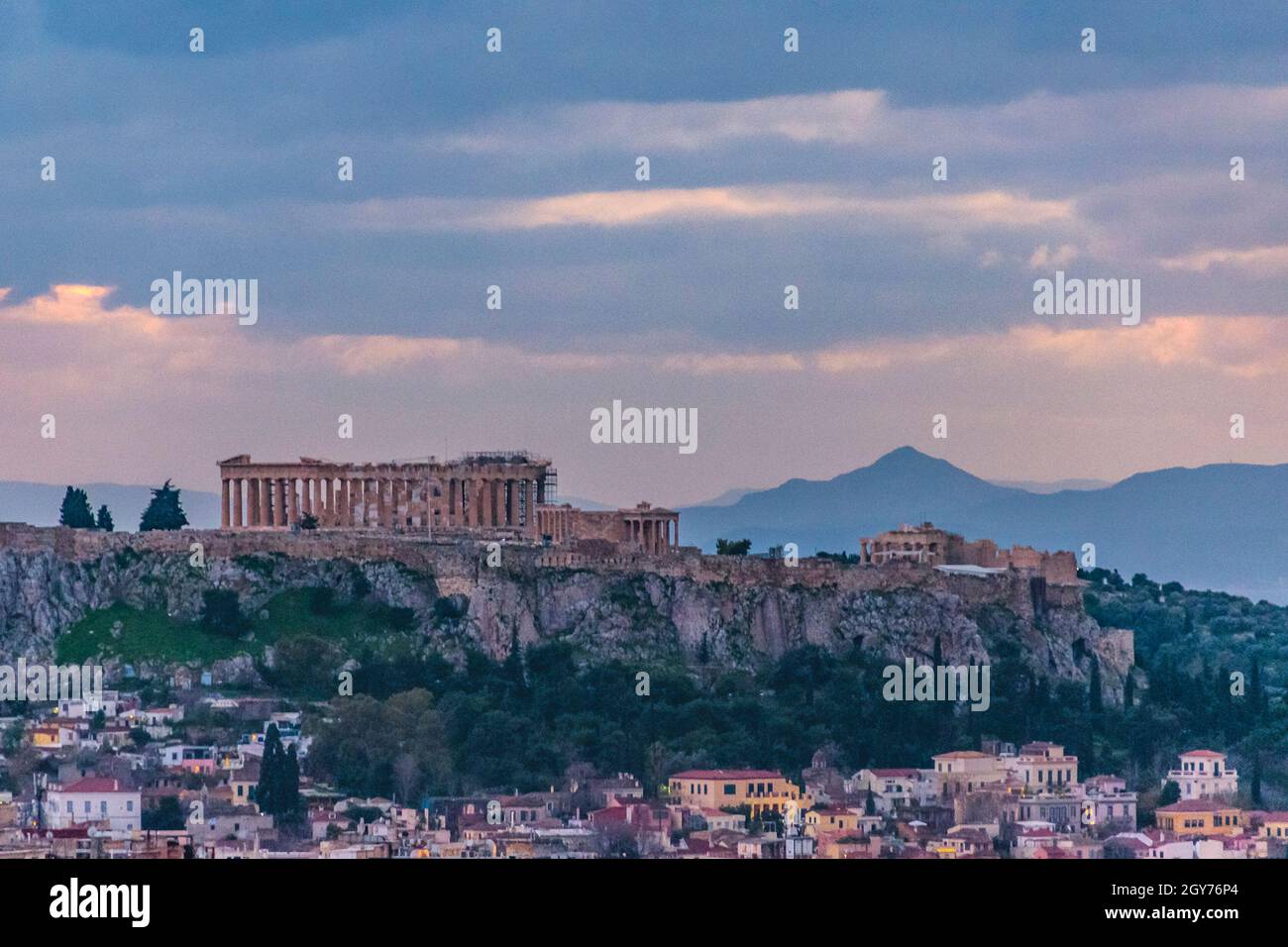 Acropolis aerial view cityscape of athens from top of sightseeing hill ...