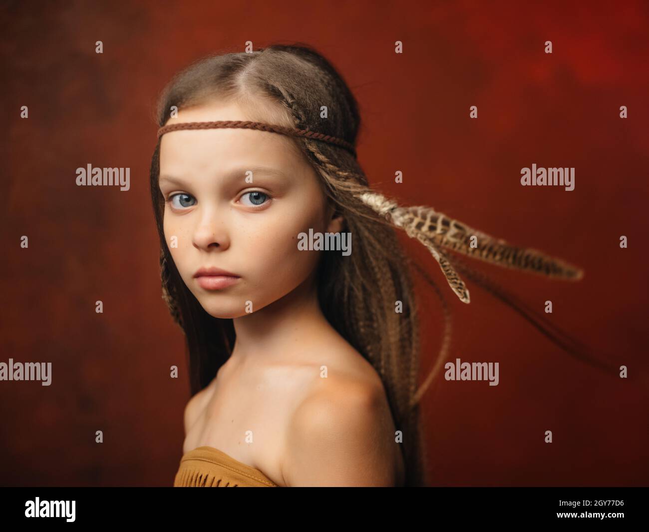 girl with apache hairstyle american ethnicity red background Stock ...