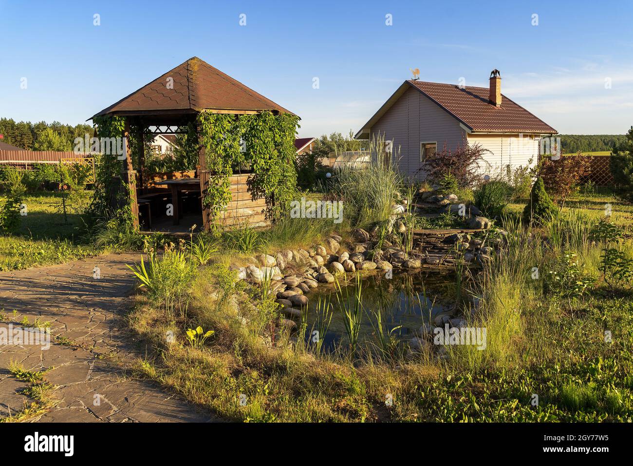 landscape with Garden pond and small country house in countryside ...