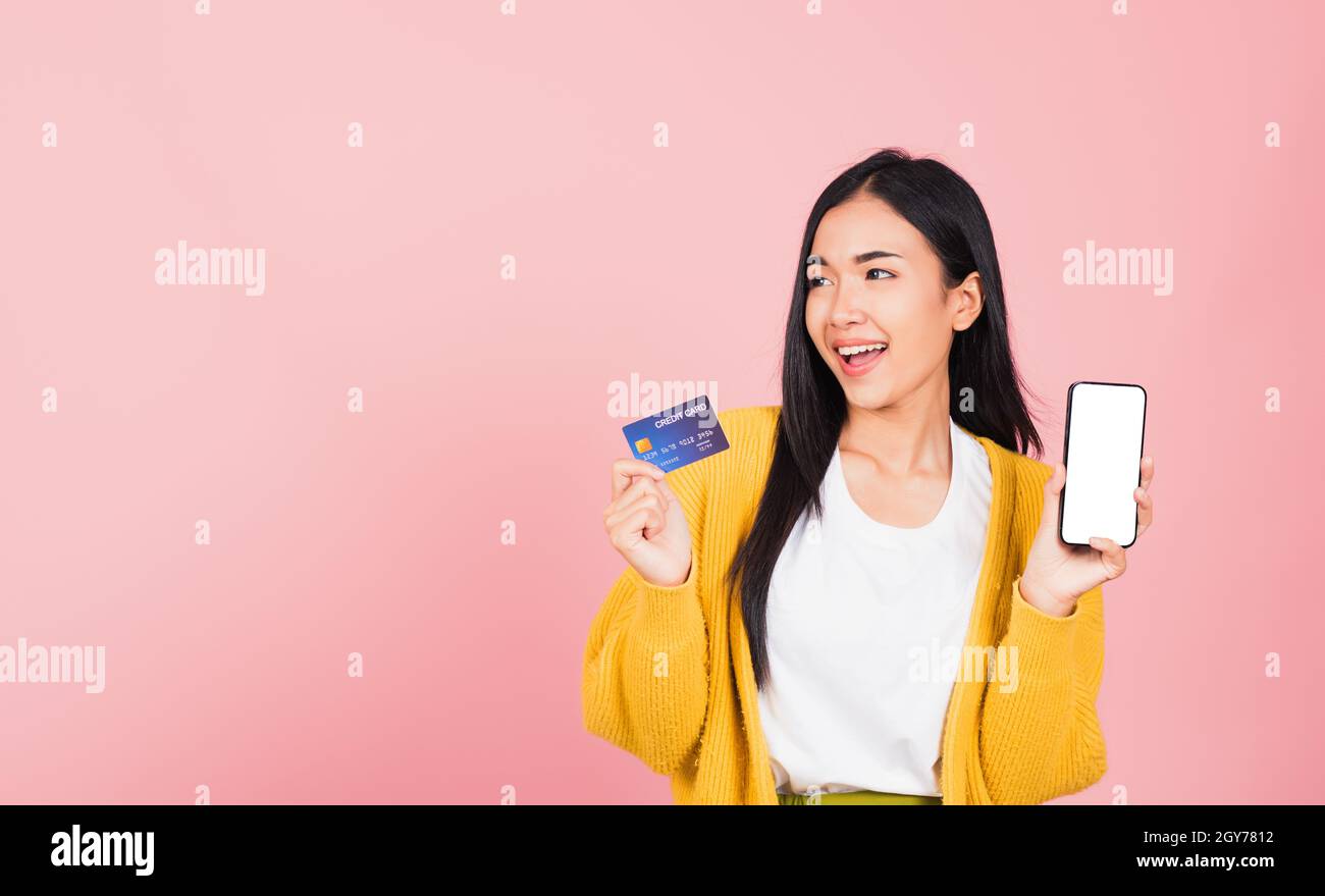 Happy Asian portrait beautiful cute young woman excited smiling hold ...